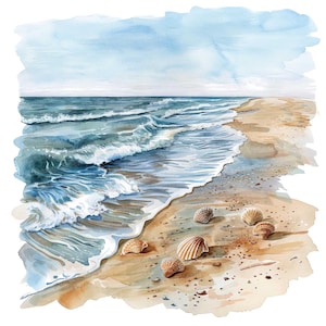 12 Beach Scene Clipart, Watercolor Ocean Waves Clipart, Printable ...