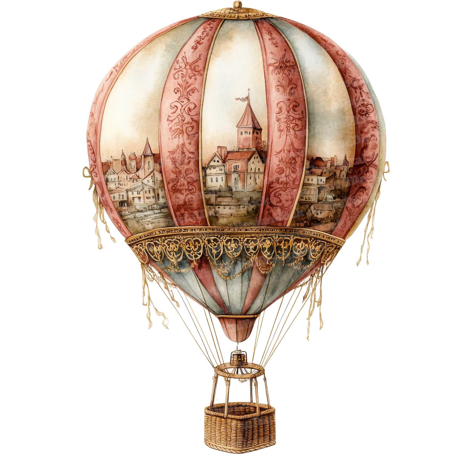 12 Victorian Hot Air Balloon Clipart, Watercolor Balloon Art, Printable ...