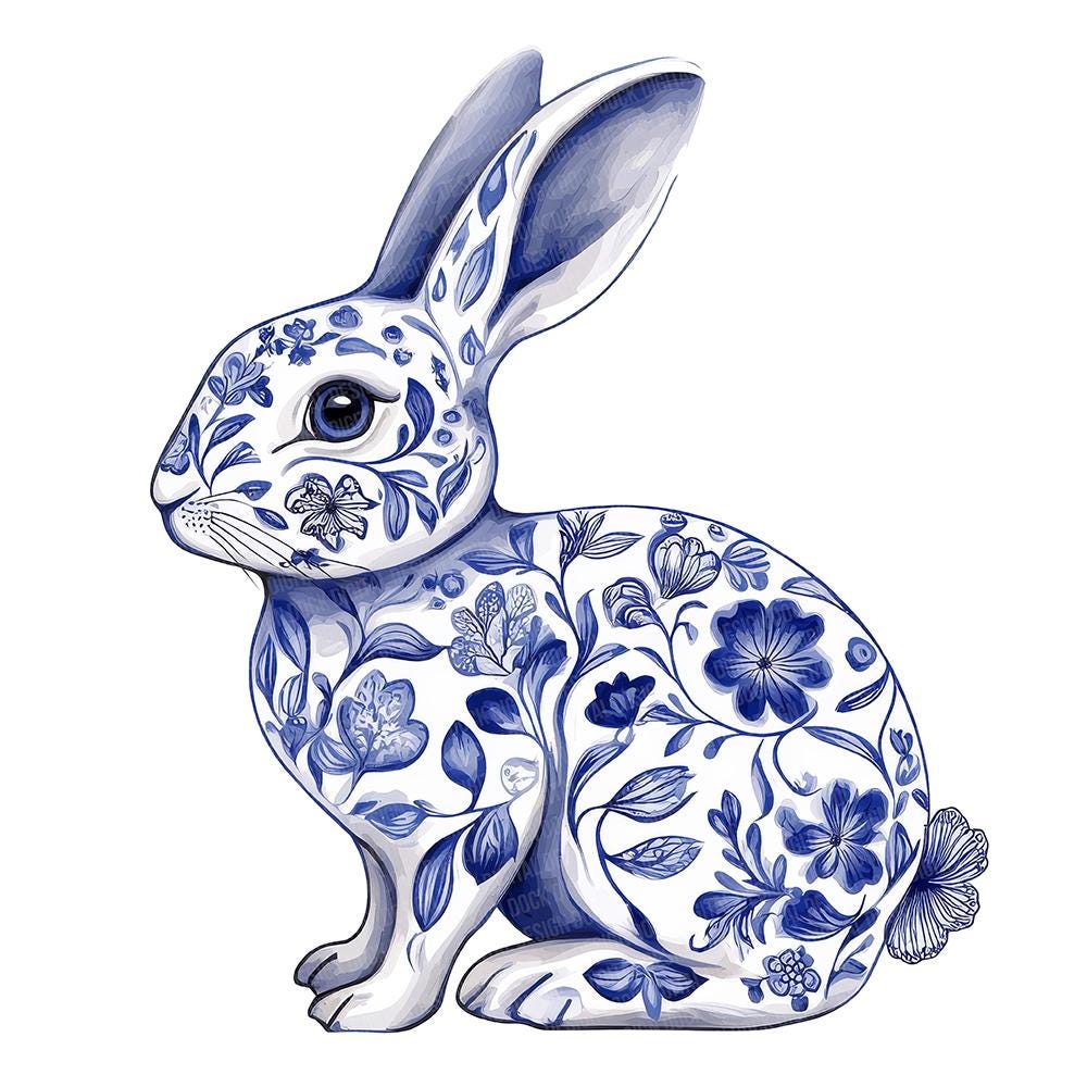Delft Blue Rabbit Clipart, 12x Watercolor Bunny PNG Set, Floral Rabbit ...