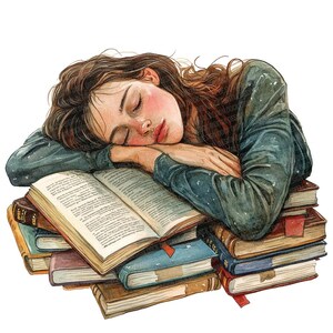 Sleeping Reader PNG Clipart, 12x Woman Asleep on Books Clip Art Set ...