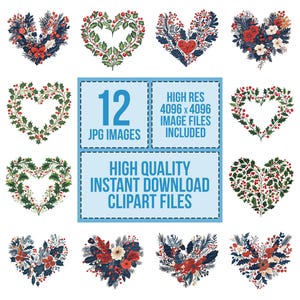 12 Christmas Heart Wreath Clip Art, Holiday Floral Watercolor Set ...