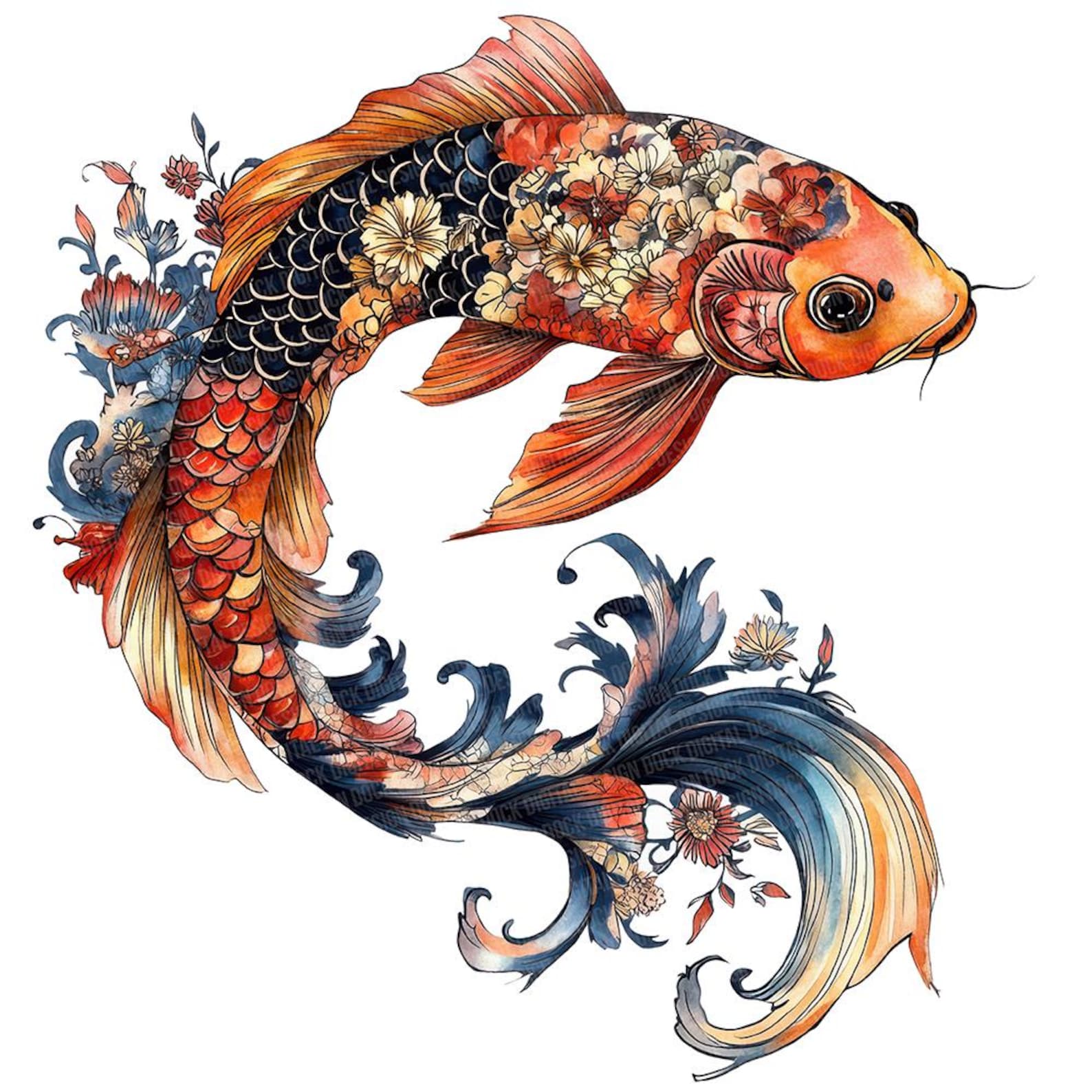 Folk Koi Fish Clip Art, 12x Koi With Florals PNG Clipart Set ...