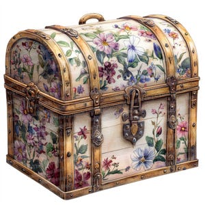 12 Floral Treasure Chest Clipart, Watercolor Vintage Chest Illustration ...