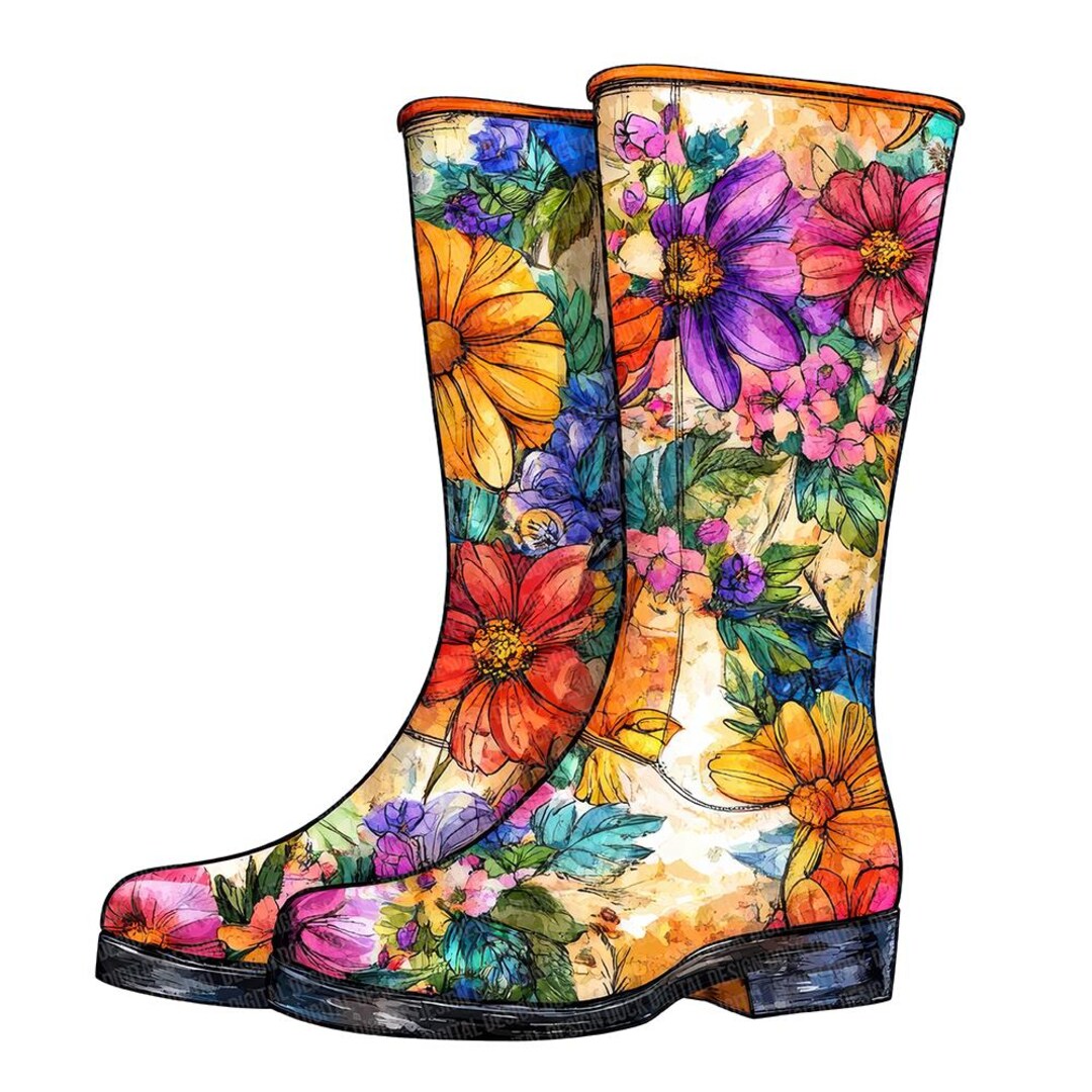 Floral Rain Boot Clipart, 12x Watercolor Garden Boots PNG Clip Art Set ...