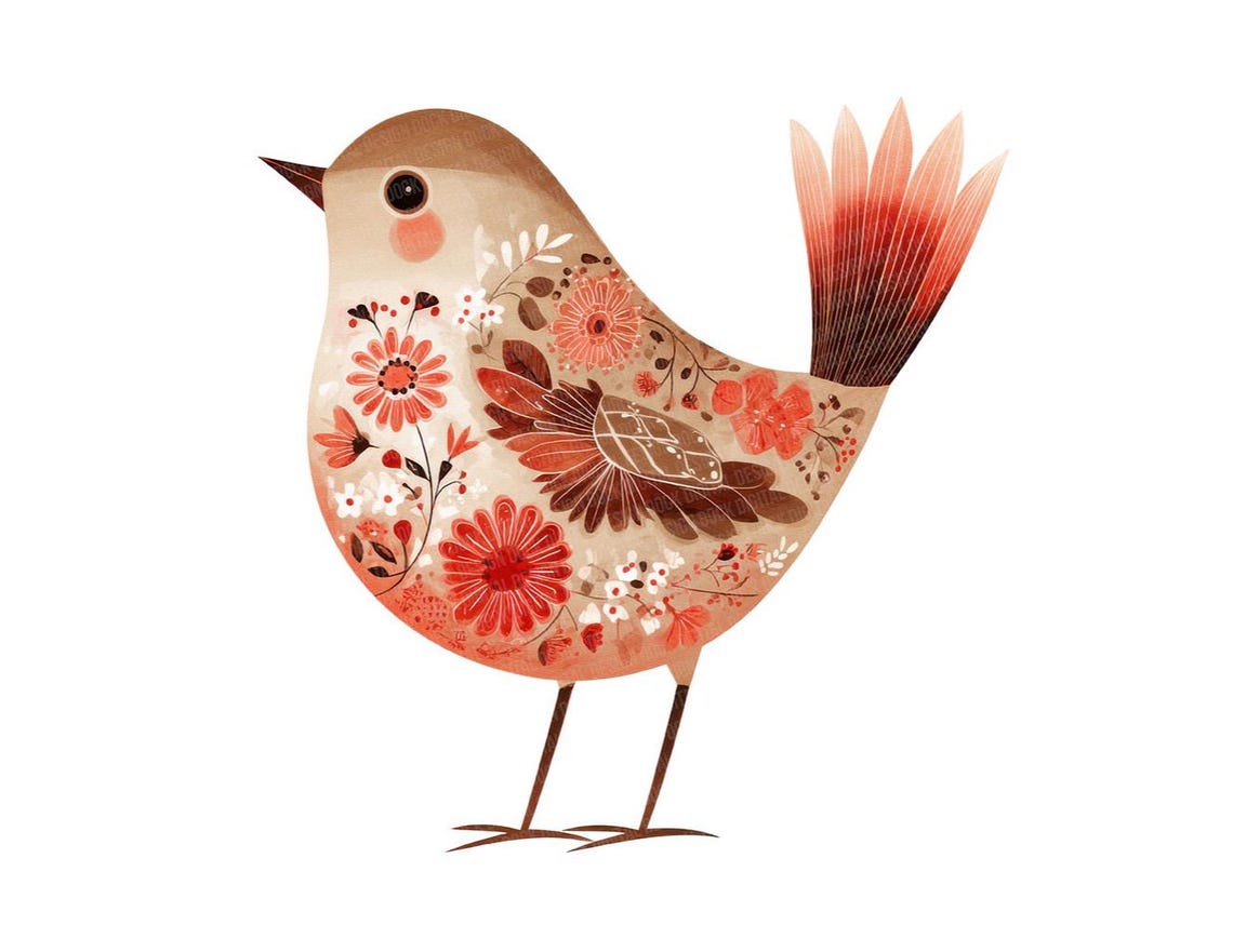 Wren Clipart Set, 4x Folk Art Bird PNG, Watercolor Wren Digital Art ...