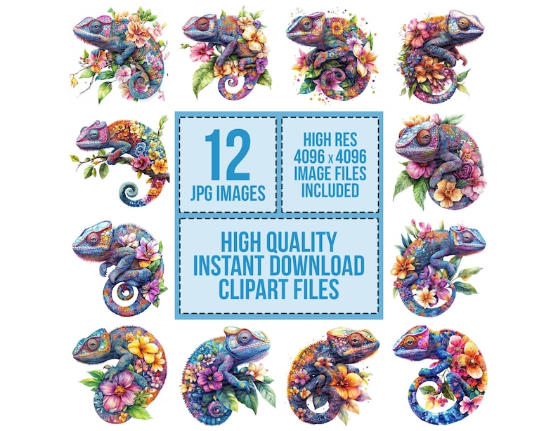 12x Chameleon Clipart, Floral Chameleon Clipart, Printable Watercolor ...