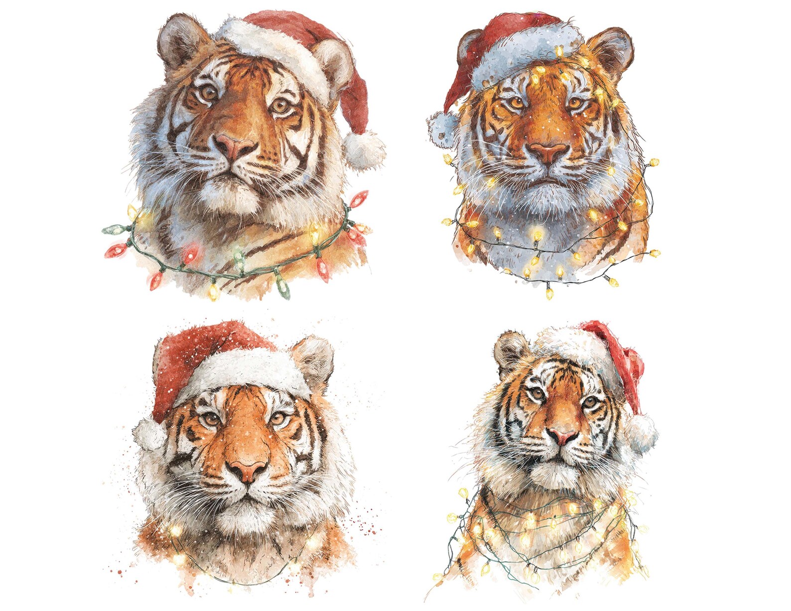 Christmas Tiger Clipart, 12x Santa Hat Tigers PNG, Printable Watercolor ...