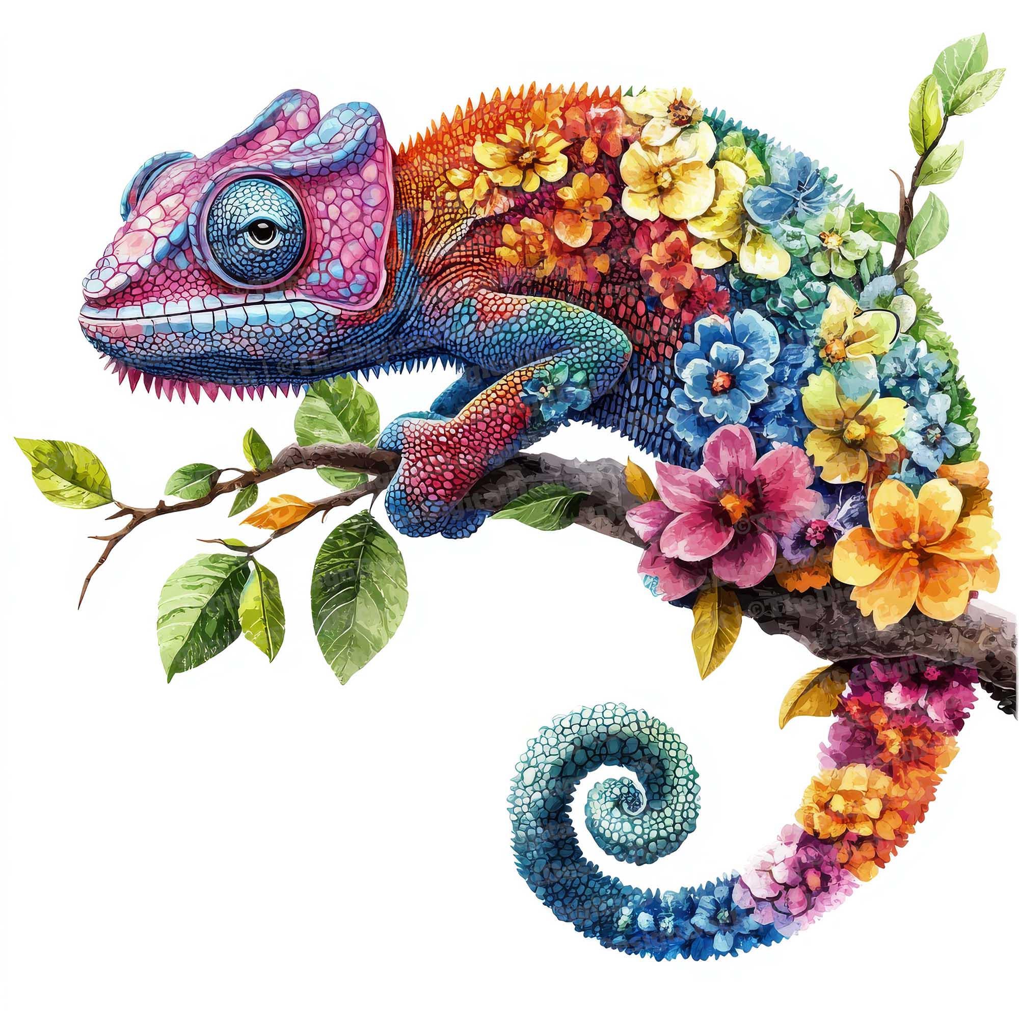 12x Chameleon Clipart, Floral Chameleon Clipart, Printable Watercolor ...
