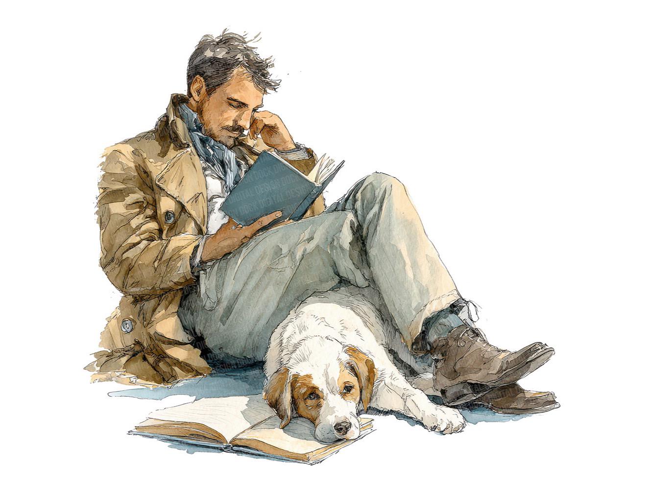 12x Man Reading With Dog PNG Clipart, Watercolor People and Pets Clip ...
