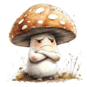 Grumpy Mushroom Clipart, 12x High Quality Jpgs, Watercolor Mushroom ...