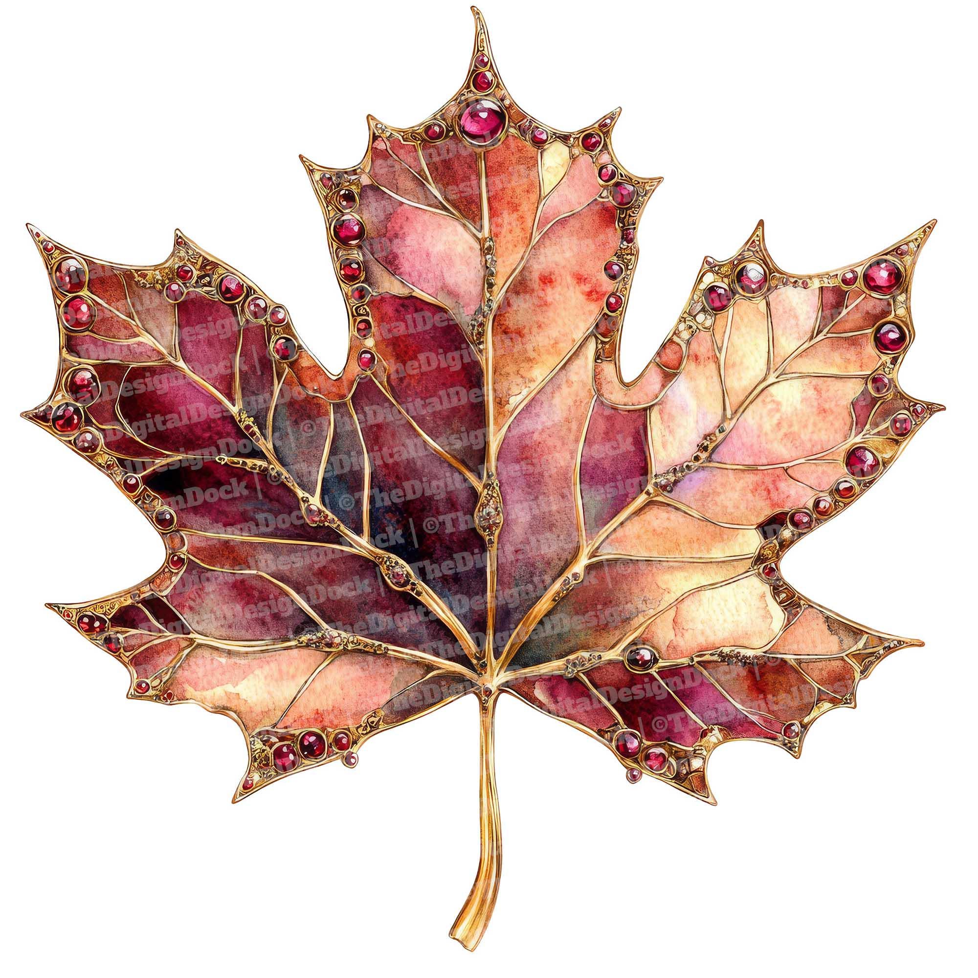 Jeweled Maple Leaf Clip Art, 12x Watercolor Leaf With Gems Clipart Set ...