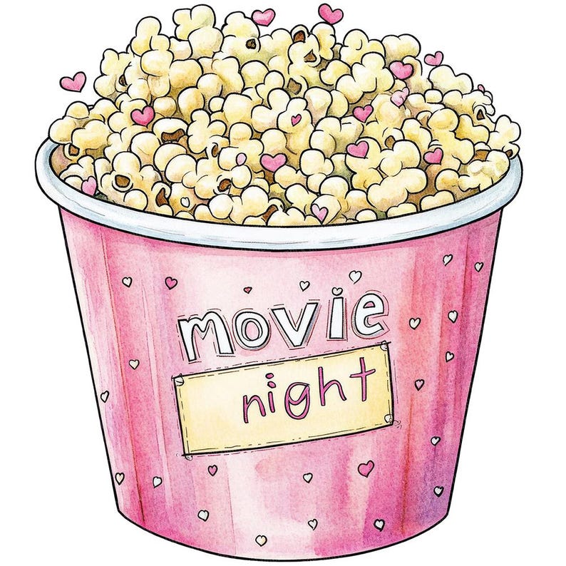 Popcorn PNG Clipart, 12x Watercolor Movie Night Clip Art Set, Printable ...