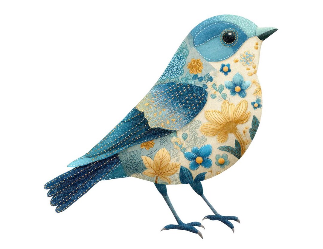Bluebird Clipart, 12x Patchwork Bird Pngs, Fabric Bird Clip Art Set ...