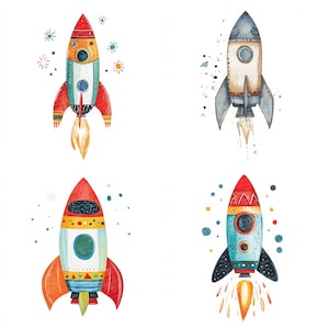 Rocket Ship Clip Art, 12x Watercolor Space PNG Clipart Set, Printable ...
