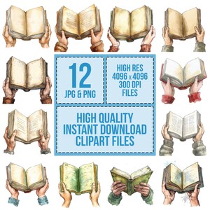 Open Book PNG Clipart, 12x Vintage Reading Clip Art Set, Printable ...