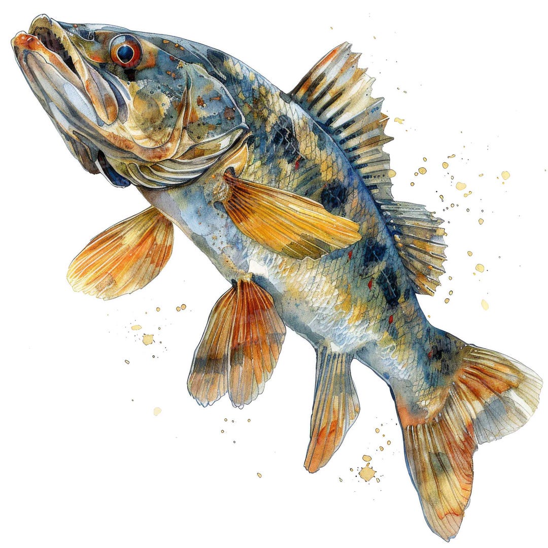 12 Walleye Fish Clipart, Watercolor Fish Clipart, Printable Watercolor ...