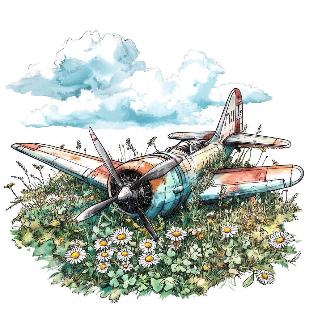 12x Plane in Wildflowers PNG Clip Art, Watercolor Airplane Clipart ...