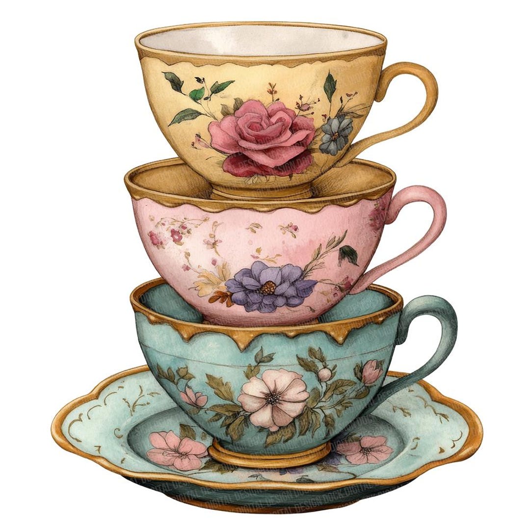 Teacup PNG Clipart, 12x Vintage Floral Teacup Clip Art Set, Watercolor ...