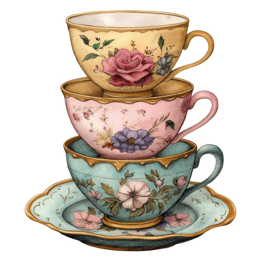 Stacked Tea Cup Clip Art Teacup PNG Clipart, 12x Vintage Floral Teacup