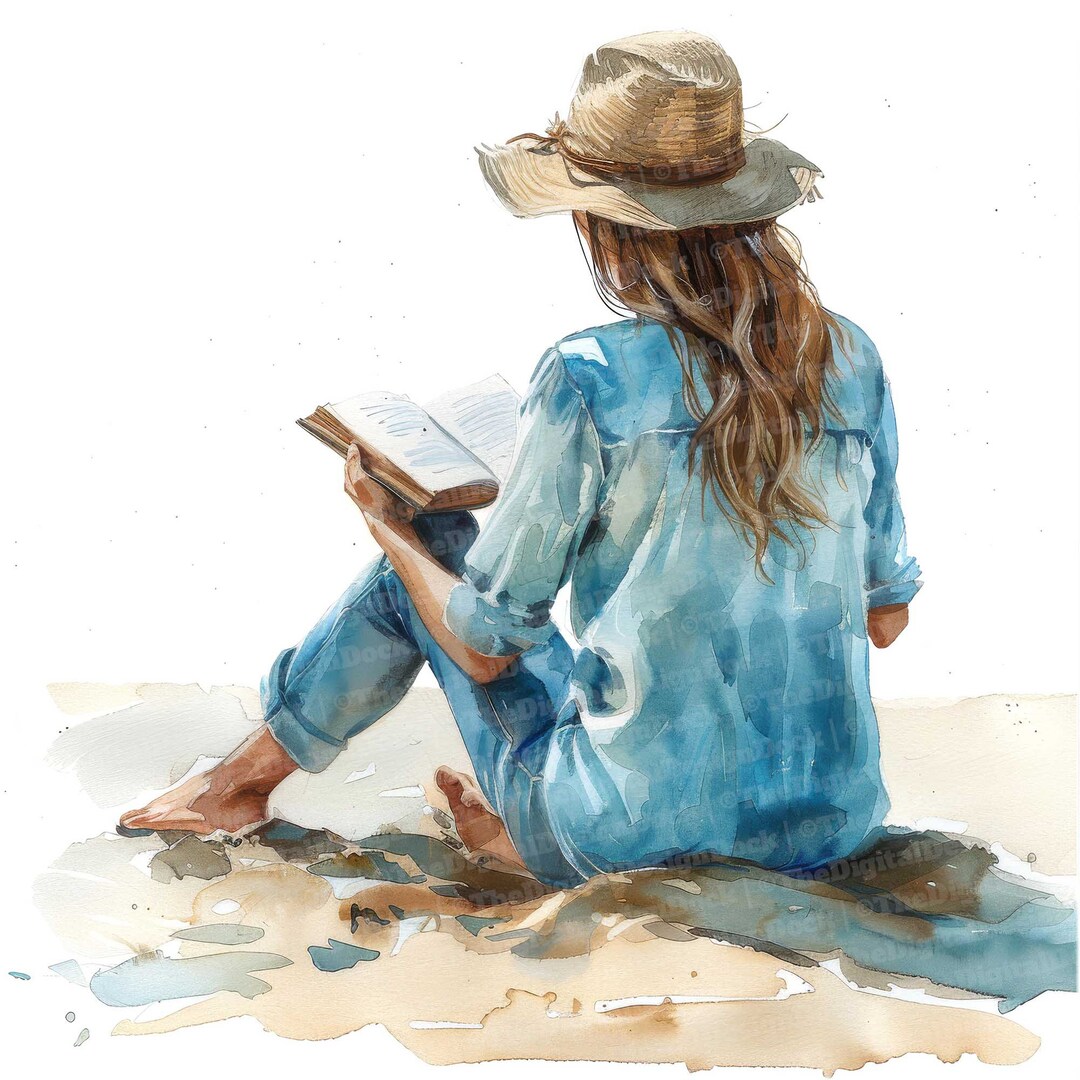 Reading on Beach Clipart, 12 Jpgs, Woman With Book Clipart, Printable ...