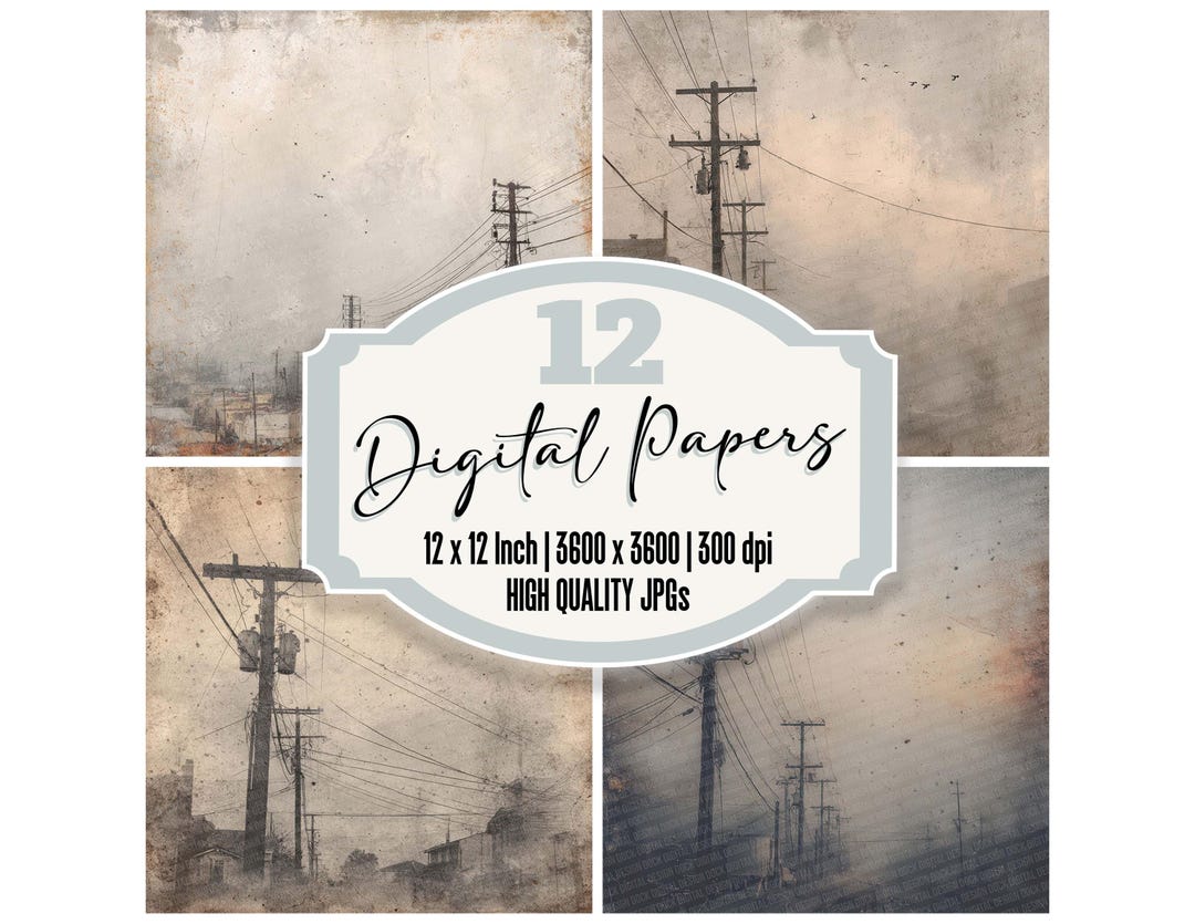 12 Charcoal Static Fade Digital Paper Pack, Foggy Urban Power Line ...