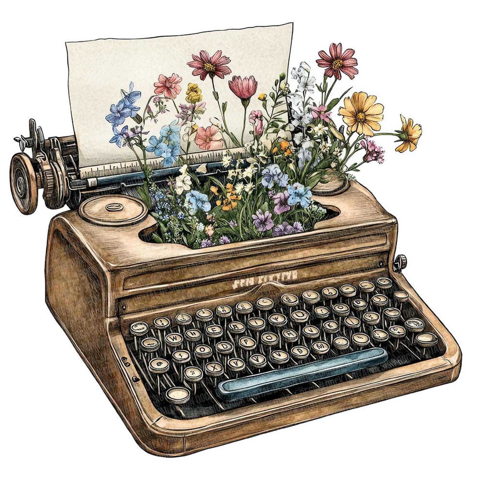 Floral Vintage Typewriter PNG Clipart, 12x Spring Writer Clip Art Set ...