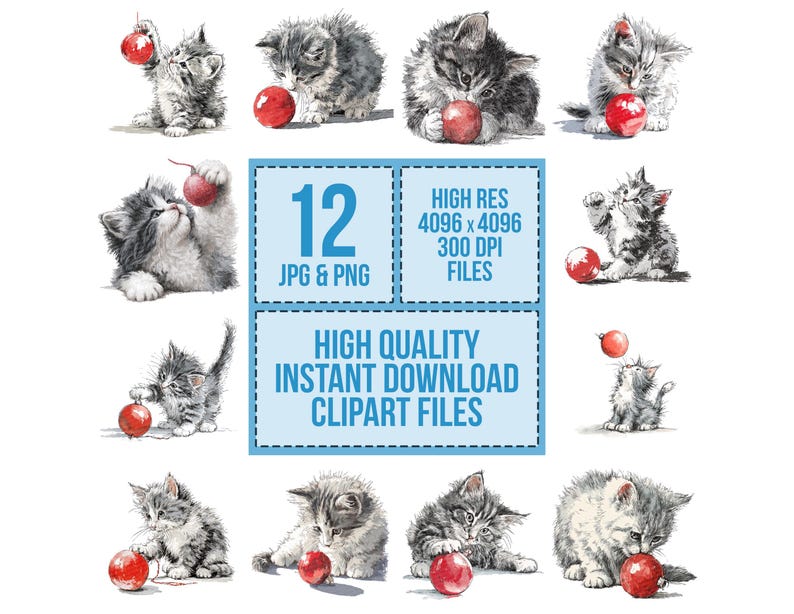 Christmas Cat PNG Clipart, 12x Holiday Kittens With Bauble Clip Art Set ...