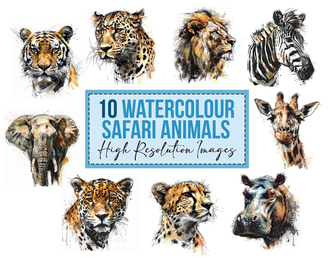 10x Safari Animals Watercolor Big Cats Clipart JPG Digital Clip Art ...