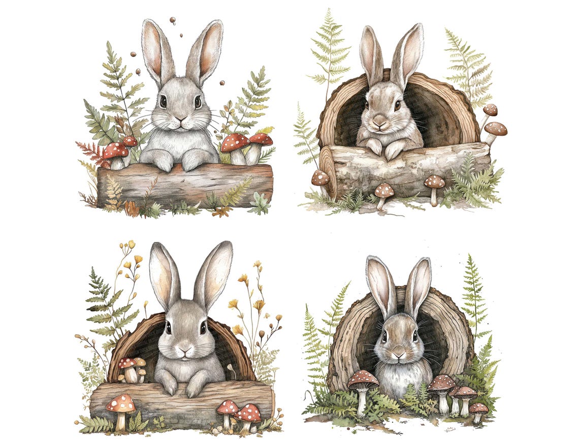 Rabbit PNG Clip Art, 12x Folk Art Bunny in Log Clipart Set, Watercolor ...