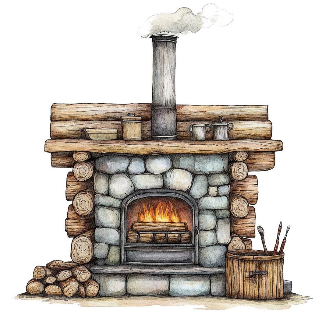 Log Burner PNG Clipart, 12x Rustic Fireplace Watercolor Illustration ...