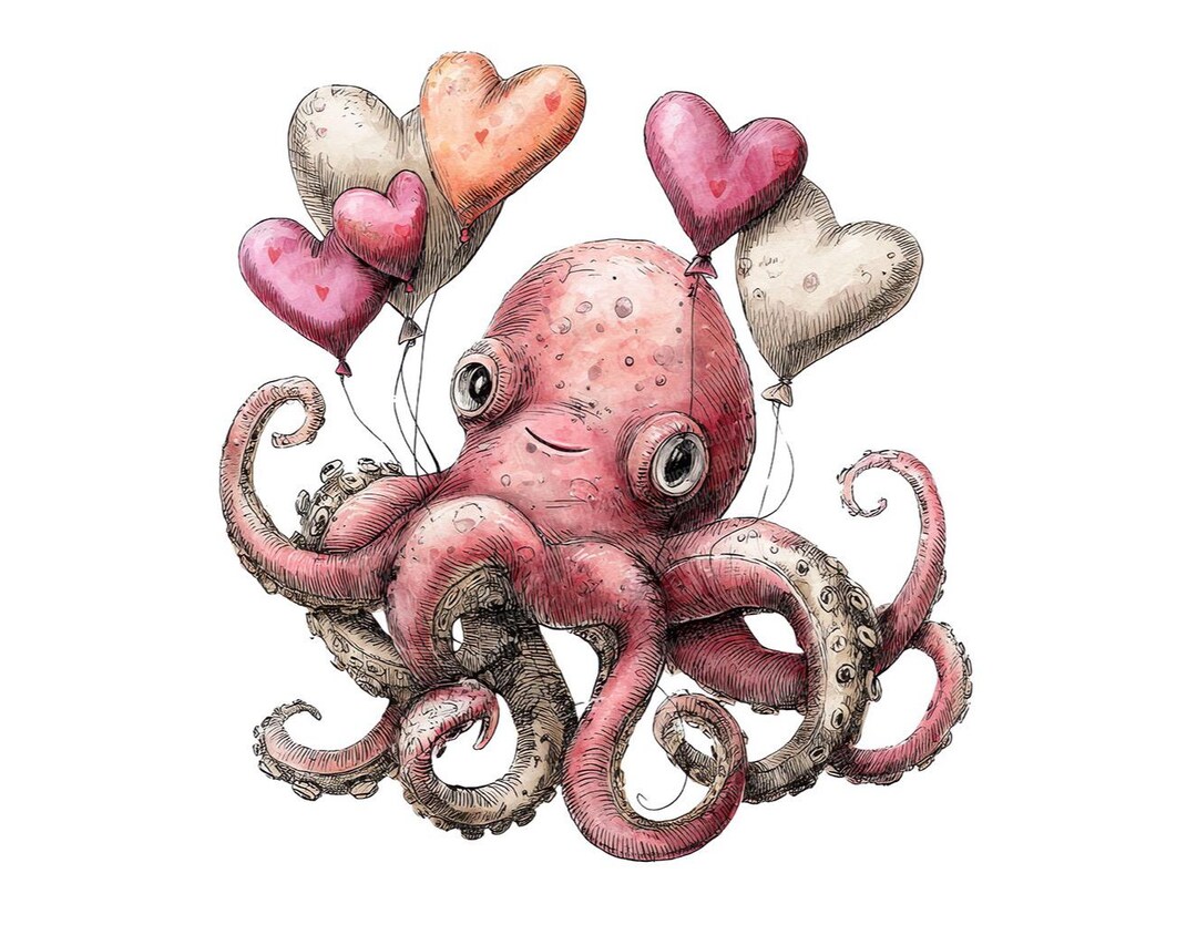 Octopus Valentine Clipart, 12x Watercolor Sea Animal Clip Art Set ...