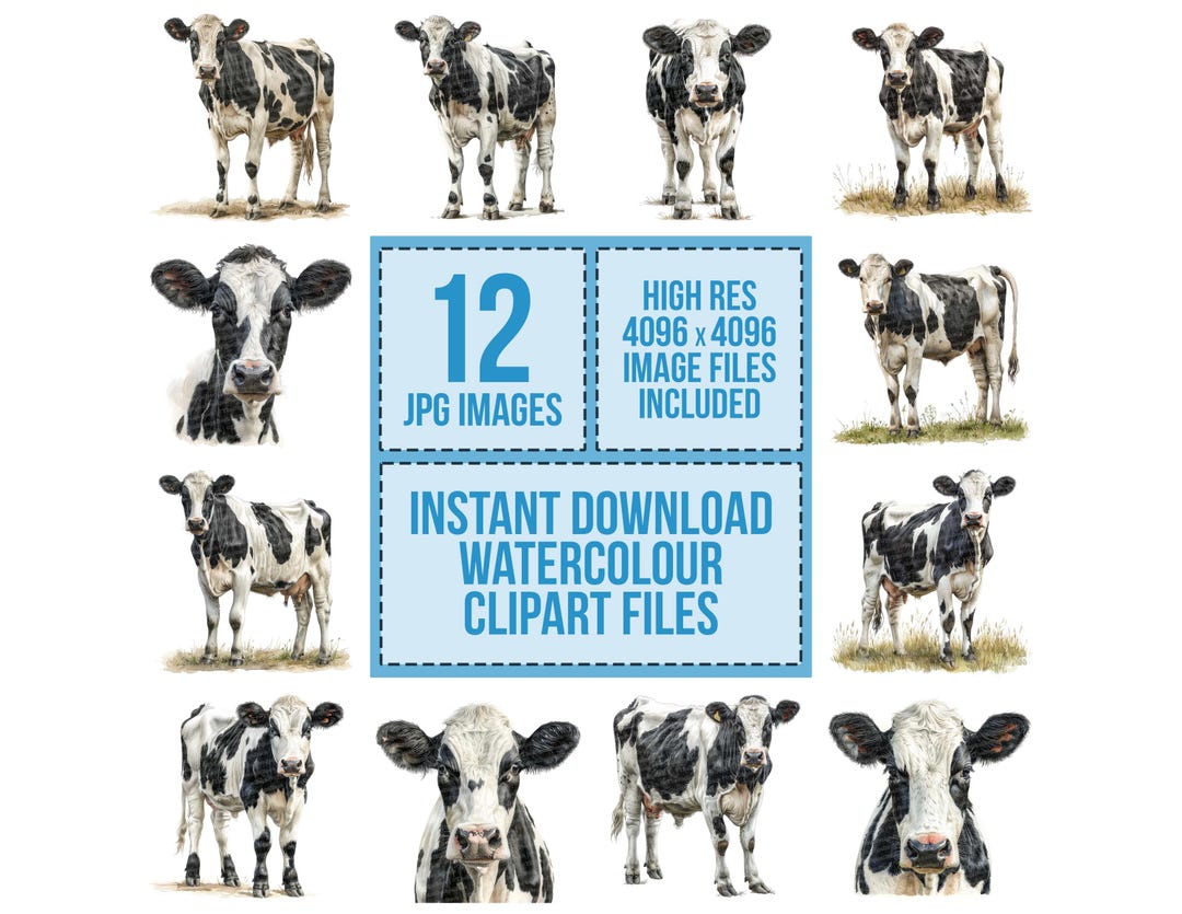 12 Cow Clipart, Watercolor Farm Animal Clipart, Printable Watercolor ...