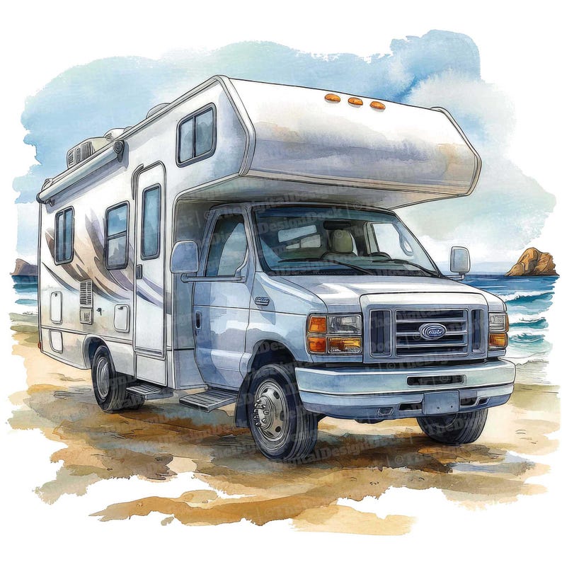 12 Camper Van Clipart, Watercolor RV on Beach, Summer Travel Clipart ...