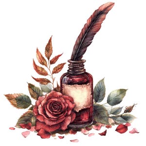 12x Feather Quill PNG Clipart, Ink Bottle With Roses Clip Art Set ...