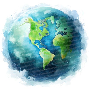 Earth Map Clipart, 12 Jpgs, Planet Earth Watercolor Clipart, Printable ...