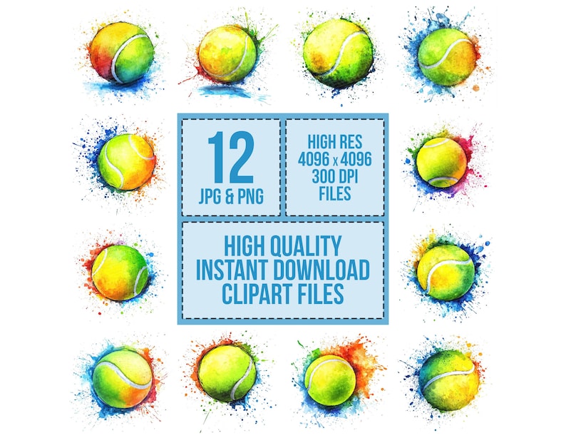 Tennis Ball PNG Clipart, 12x Watercolor Sports Clip Art Set, Printable ...