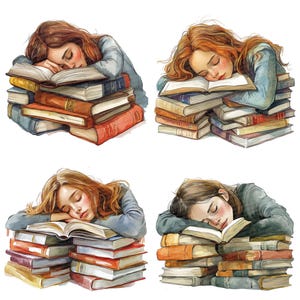 Sleeping Reader PNG Clipart, 12x Woman Asleep on Books Clip Art Set ...