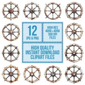 12x Watercolor Ship Wheel PNG Clipart, Rustic Nautical Boat Clip Art ...