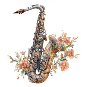 12x Floral Saxophone Clipart, Floral Music Clipart, Printable ...