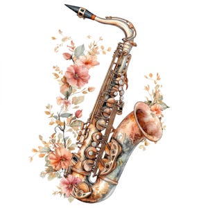 12x Floral Saxophone Clipart, Floral Music Clipart, Printable ...
