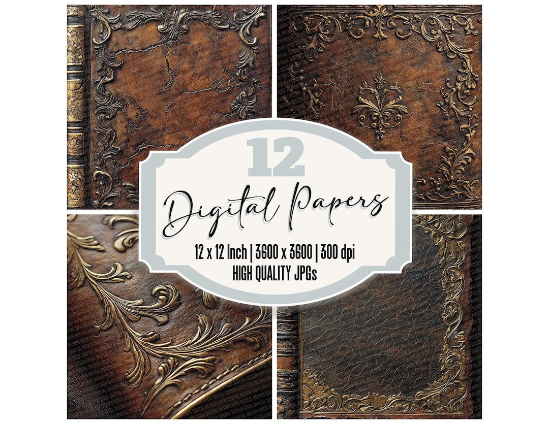 12x Aged Leather Digital Paper, Rustic Junk Journal Paper, Ornate Book ...