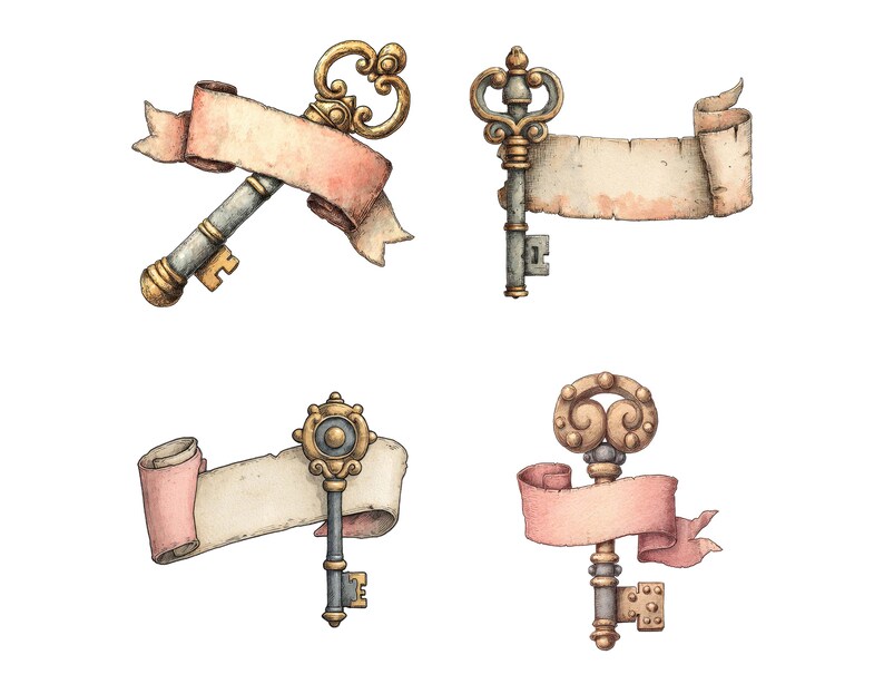 Vintage Key PNG Clip Art, 12x Banner Scroll Clipart Set, Printable ...