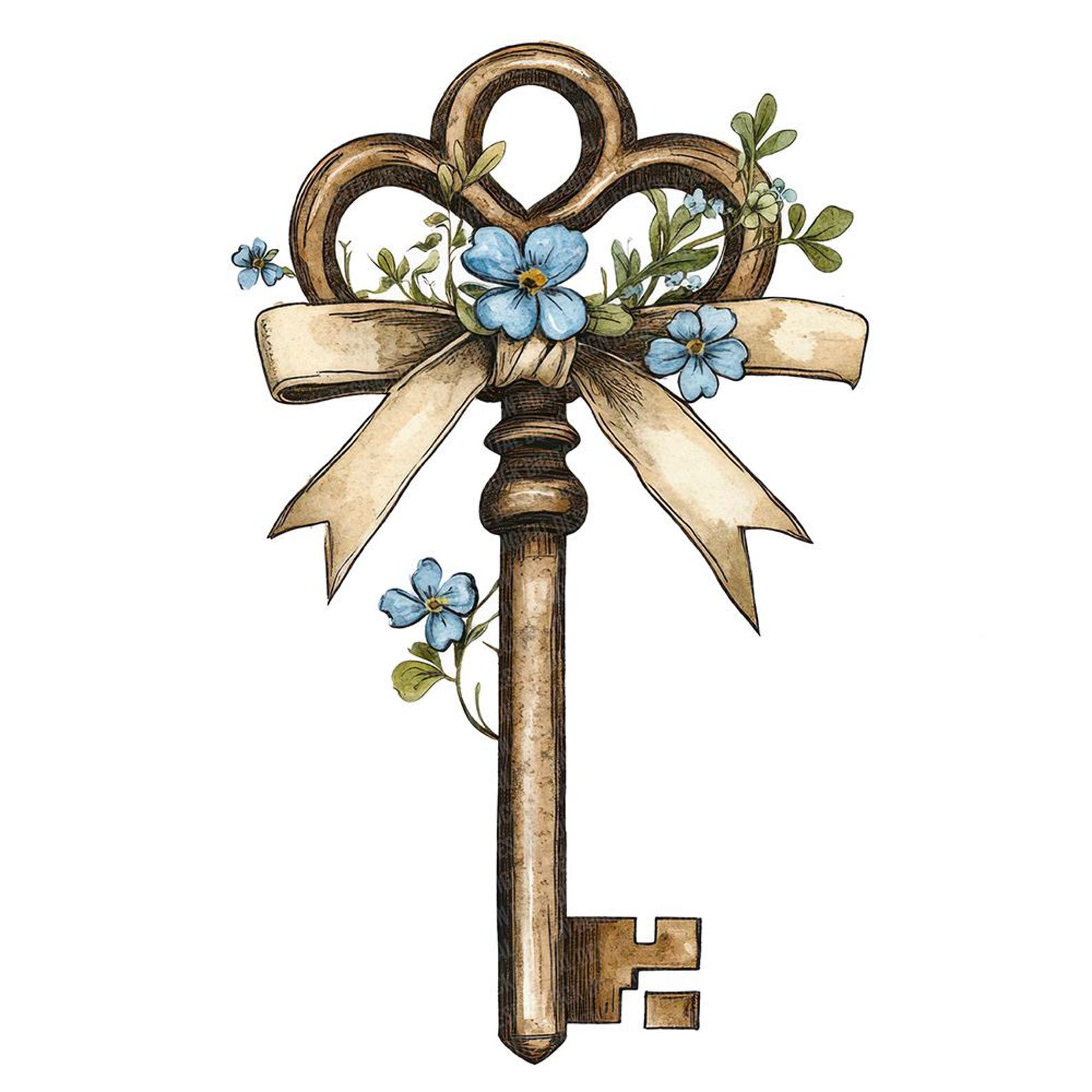12x Ornate Key PNG Clipart, Antique Key With Flowers Clip Art Set ...