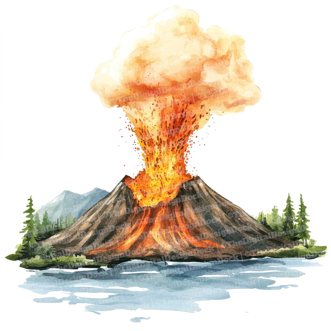 Volcano Clip Art, 12x Watercolor Eruption Clipart Set, Printable ...