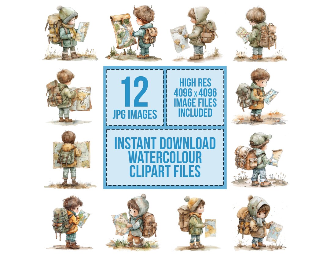 12 Explorer Boy Clipart, Watercolor Kids Adventure Clipart, Printable ...