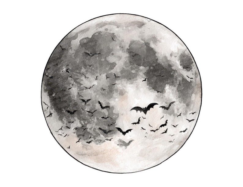 12 Full Moon PNG Clipart With Bat Silhouettes, Halloween Watercolor ...