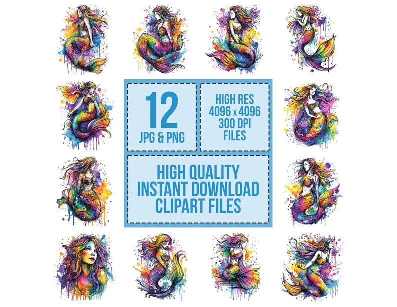 Neon Mermaid PNG Clipart, 12x Watercolor Mermaid Art Set, Printable ...