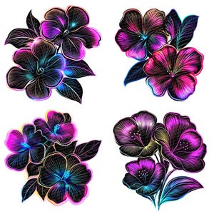 Neon Floral Clip Art, 12x Bright Glow PNG Flowers Clipart Set ...