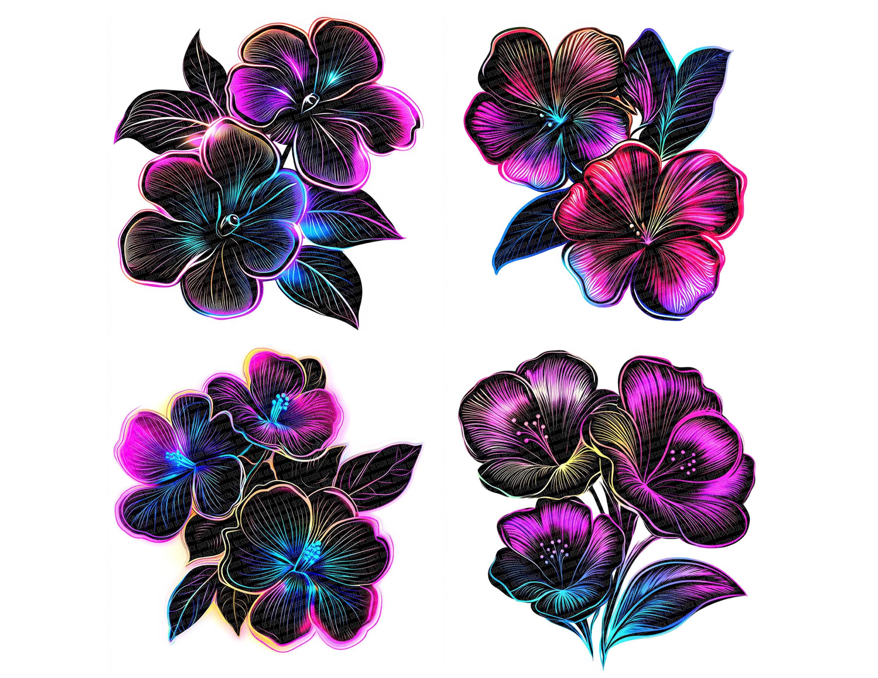 Neon Floral Clip Art, 12x Bright Glow PNG Flowers Clipart Set ...