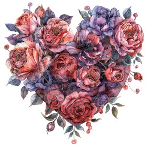 12 Floral Heart Clipart, Watercolor Flower Clipart, Printable ...